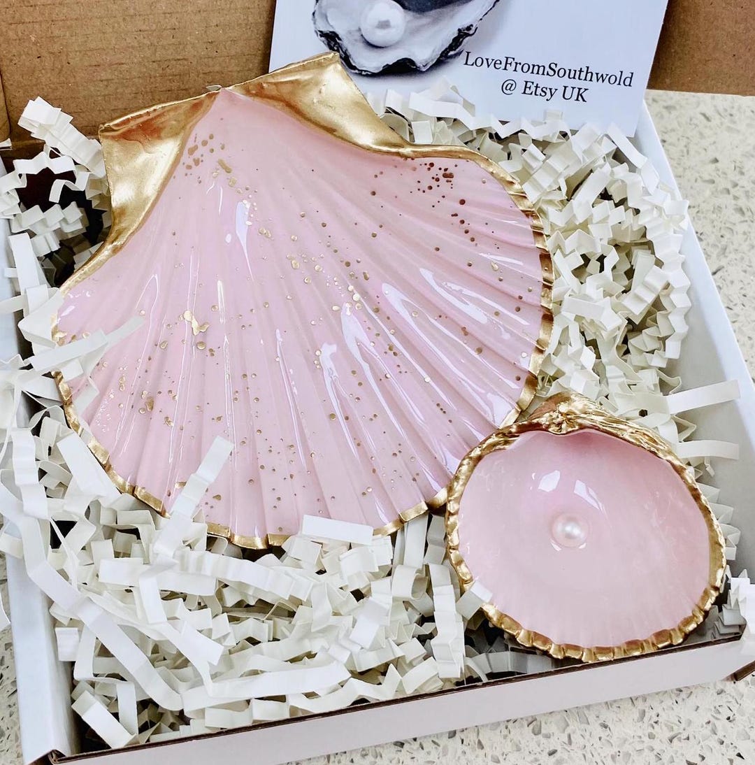 Gilded Pink Pearlescent Jewellery Dish Set. Scallop Trinket Dish ...
