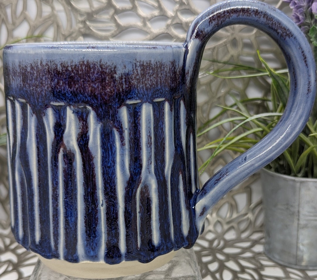 Hand Thrown 22 Oz Fluted Porcelain Cone Mug in Dark Copper Blue and Red ...
