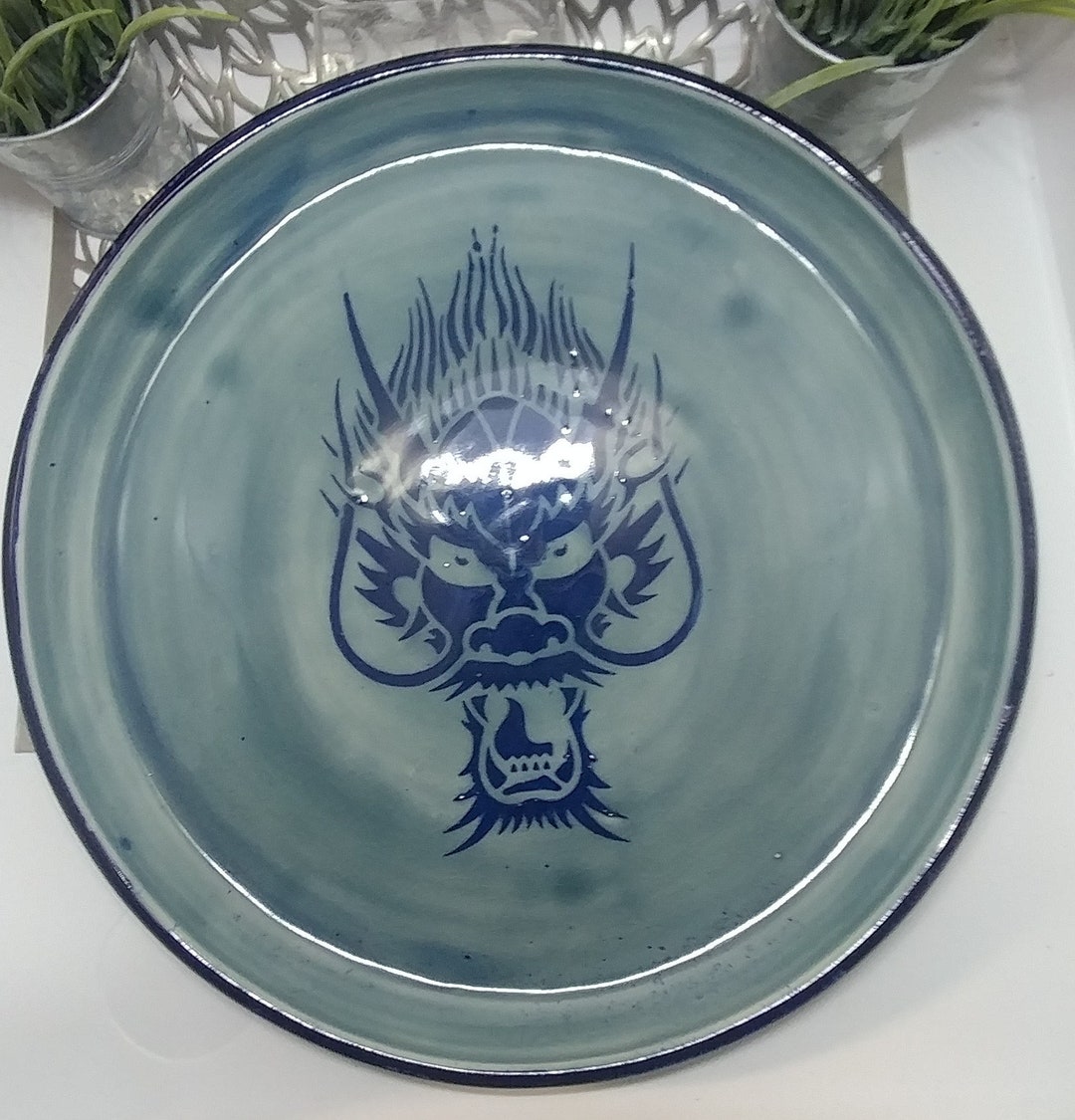 Large Hand Thrown Porcelain Platter With Dragon Face in Light Blue ...