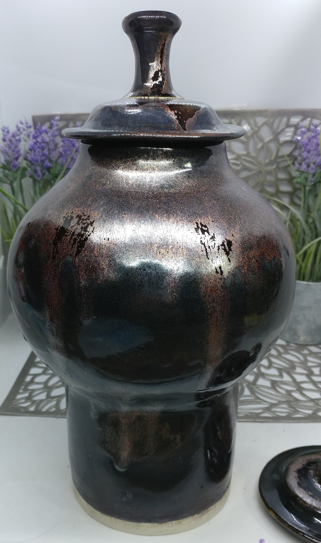 Gorgeous 9 Cup Hand Thrown Jar Urn With 2 Kids in Black Diamond Glaze ...