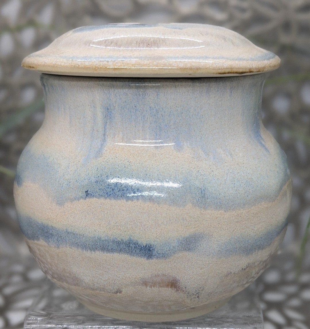 Hand Thrown 22oz Lidded Porcelain Jar Urn in Honey Cream, Blue and ...