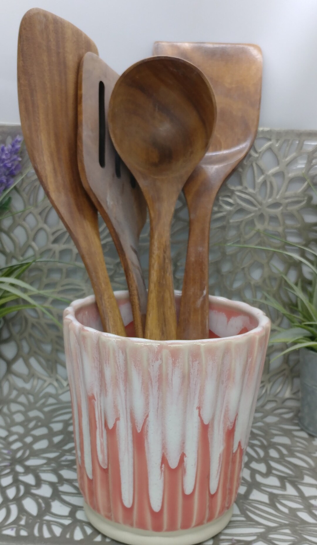 Hand Thrown Fluted 28 Oz Porcelain Utensils Holder, Vase, in Coral and ...