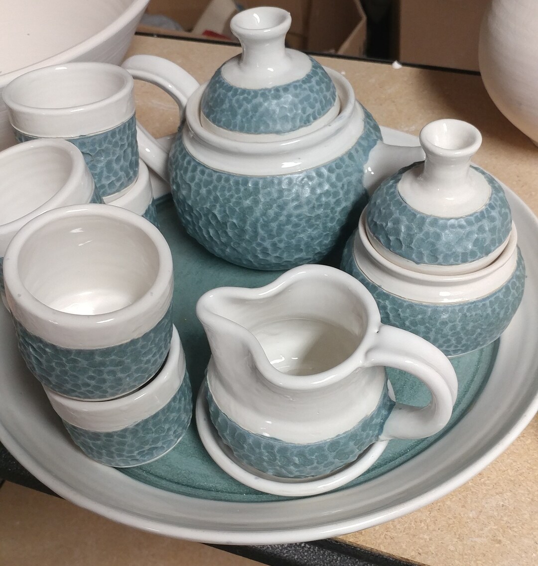 Hand Thrown Textured Porcelain Tea Set in Blue Satin Oribe and White ...