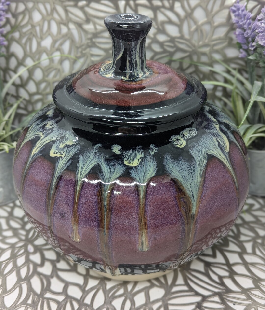 Magnificent 3 Quart Hand Thrown Porcelain Jar Urn in Obsidian, Maroon ...