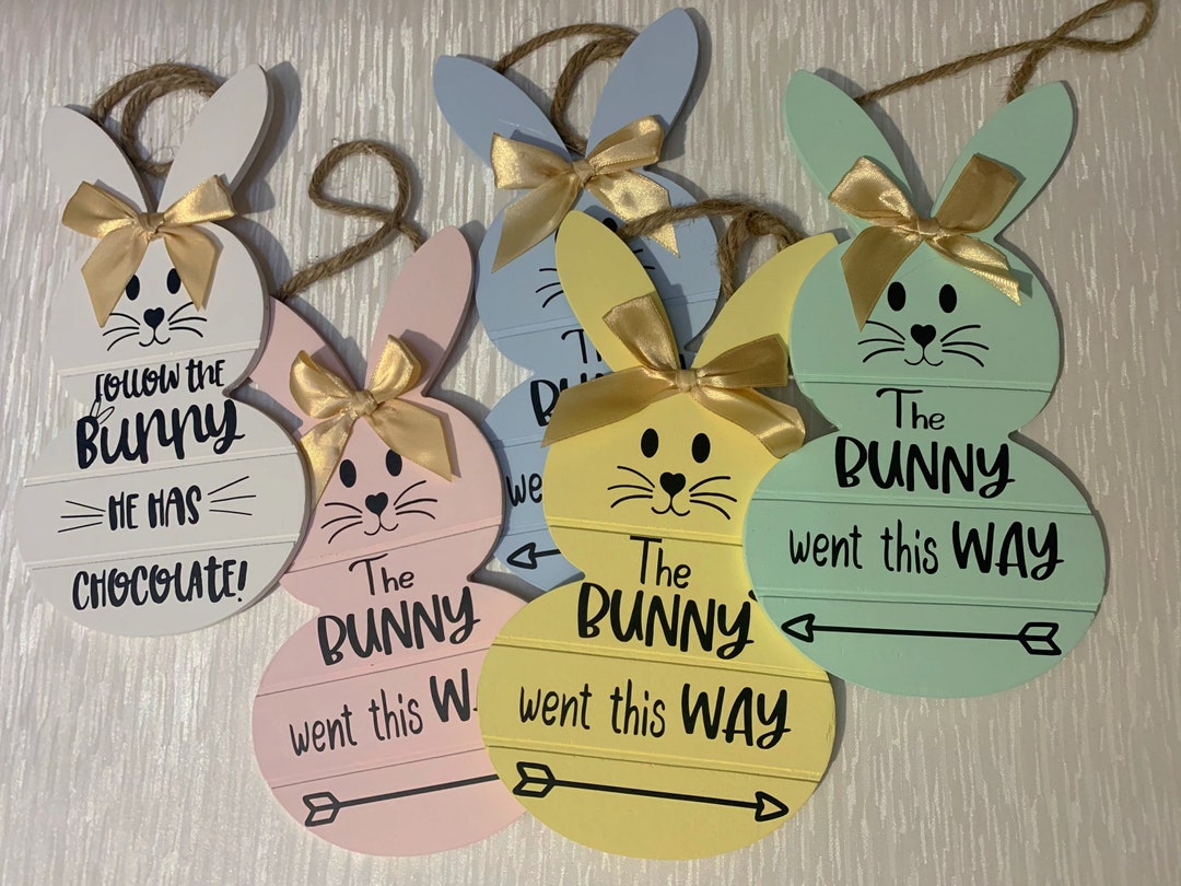 Easter Egg Hunt Wooden Bunny Hanging Signs, Easter Bunny Plaque, Follow ...