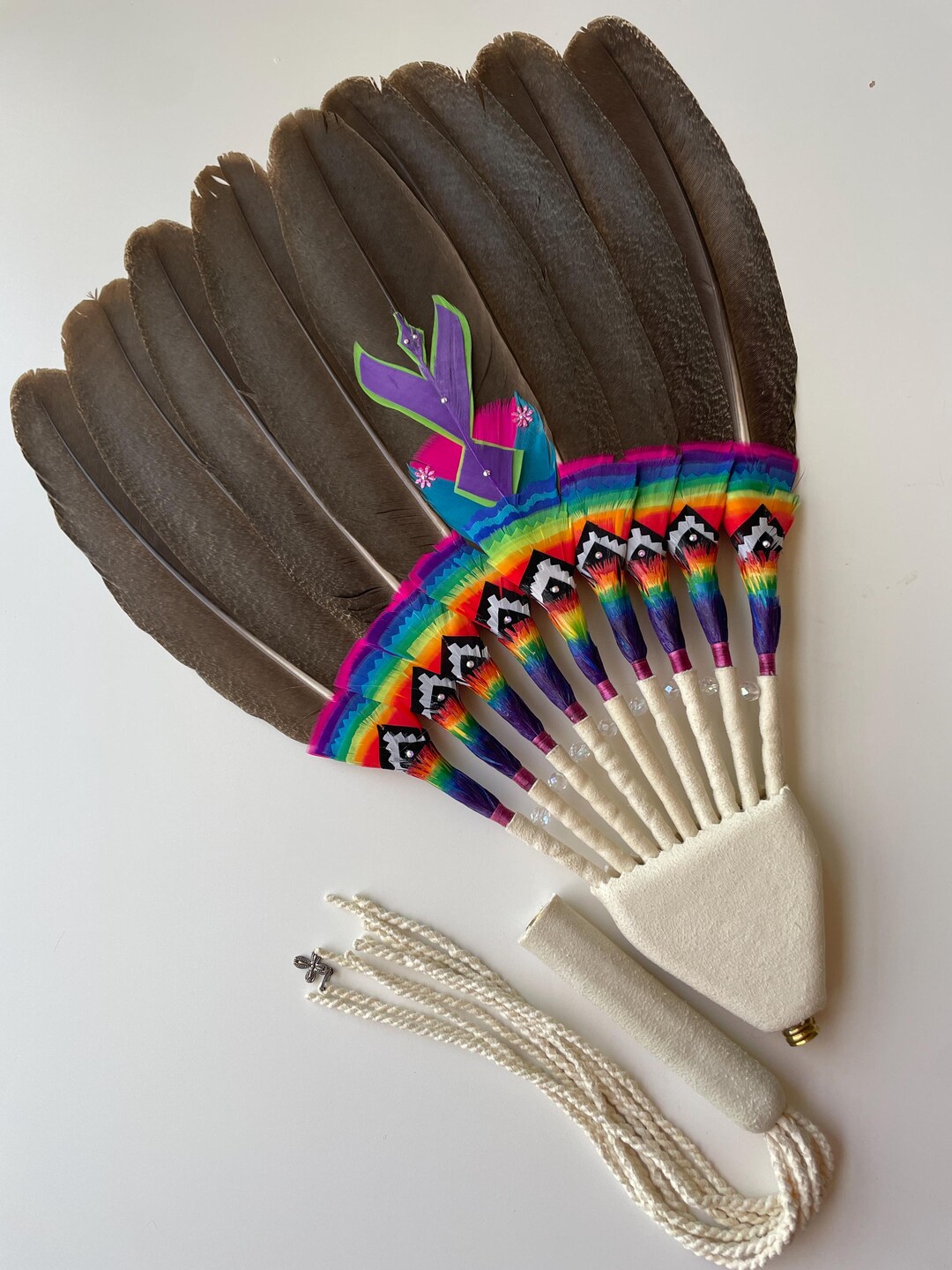 Rainbow and Turkey Wing Feather Flat Fan - Etsy