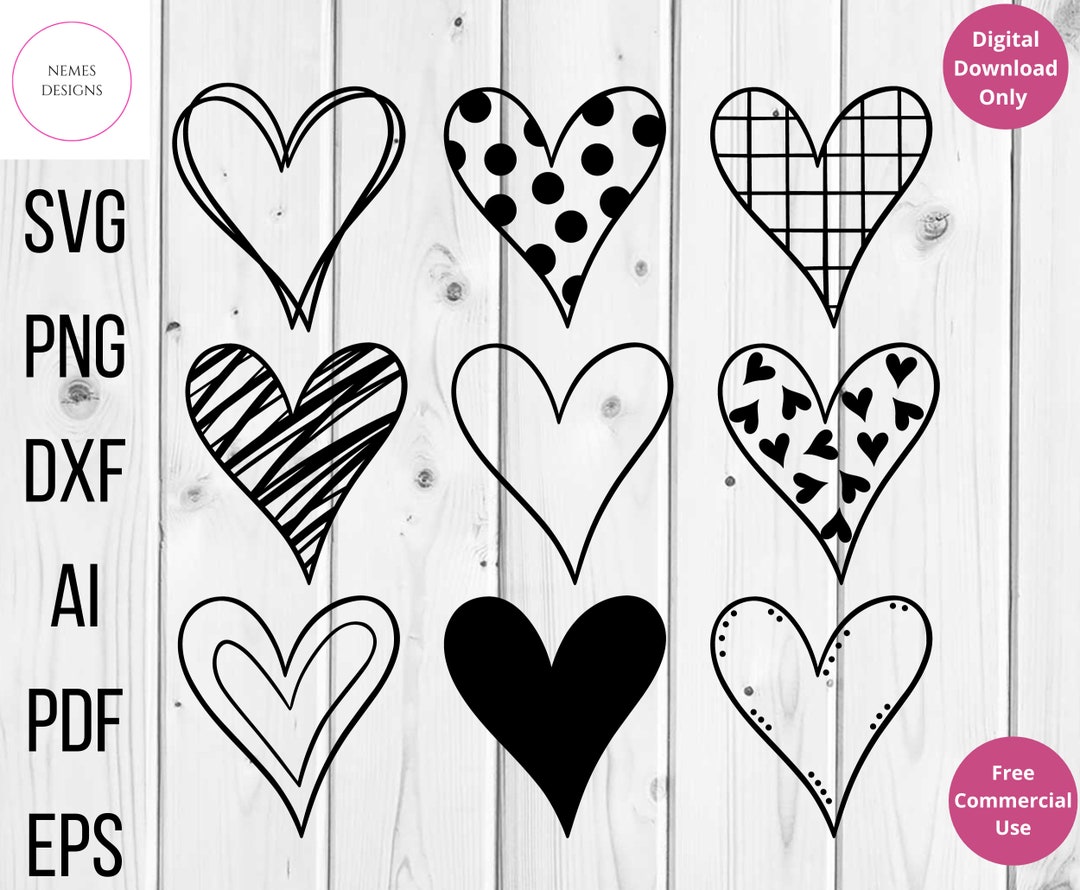 Valentine Doodle Heart SVG: Nine Hearts Vector Design (digital Download ...
