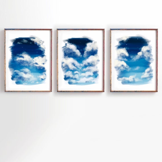 Blue Sky Wall Art Watercolor Art Set of 3 Print Cloud Art - Etsy