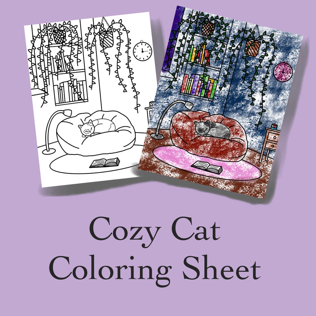 Cozy Cat Coloring Sheet PNG - Etsy