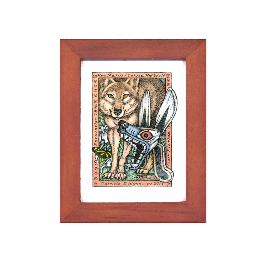 Red Wolf and Calusa Wolf Carving, a Hand Painted Etching, Framed - Etsy