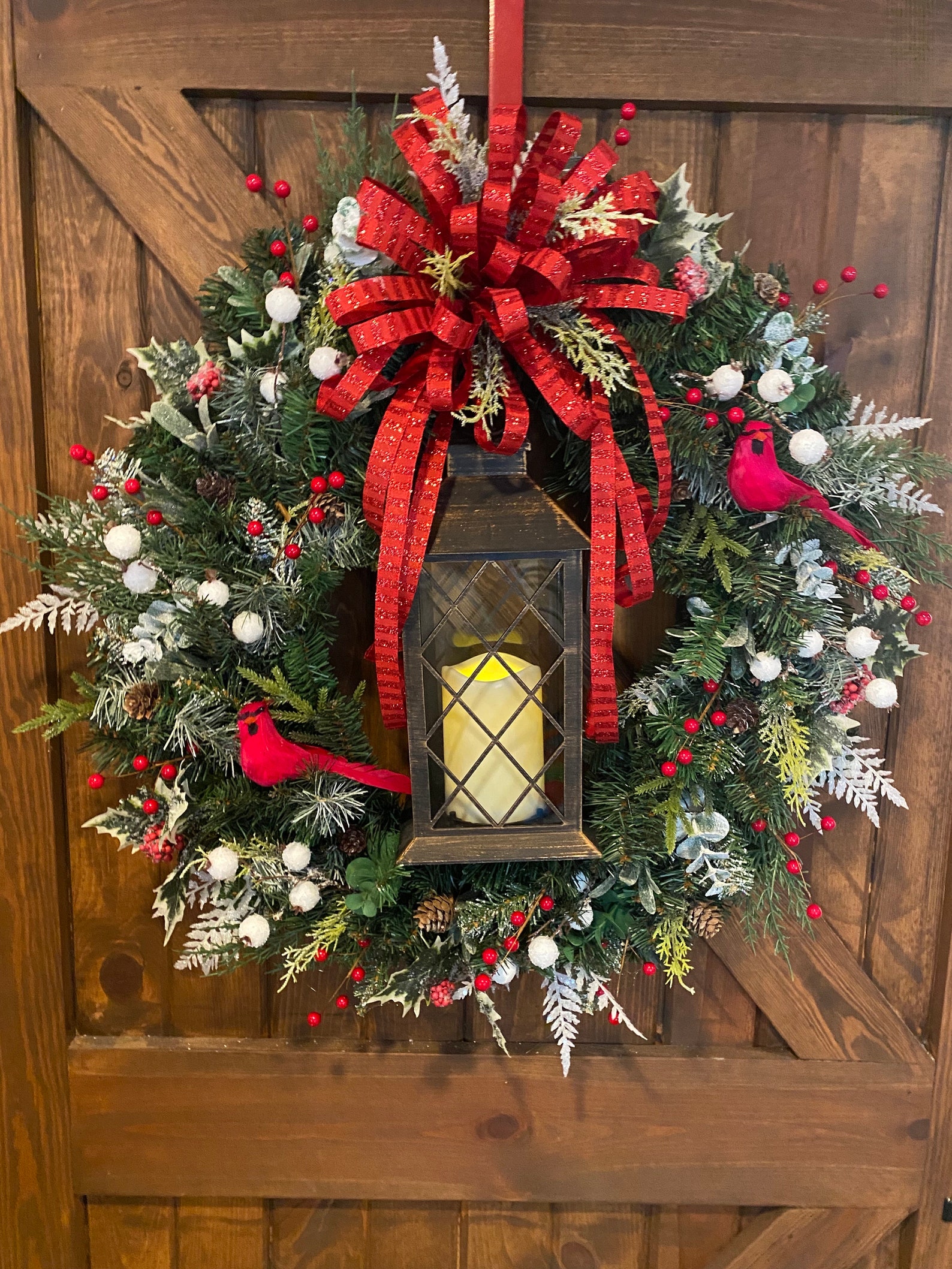 Cardinal Lantern Evergreen Wreath - Etsy
