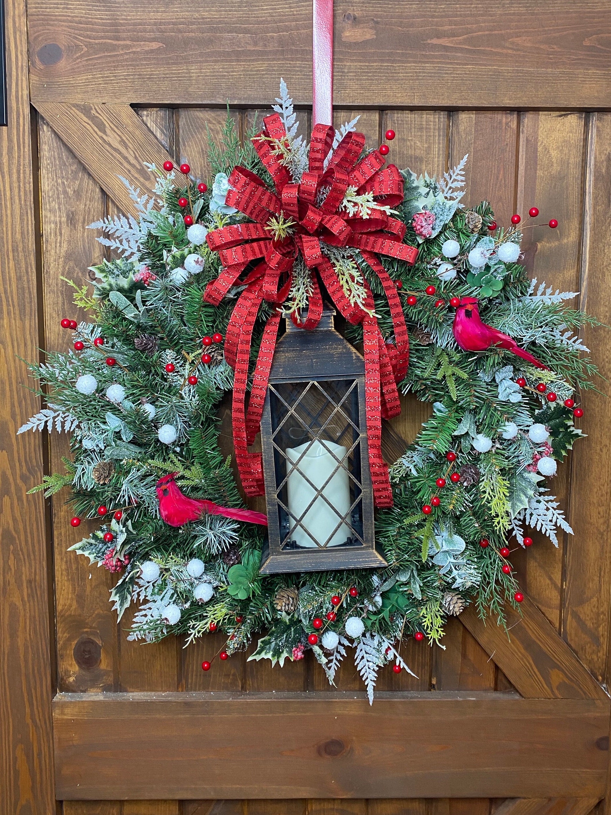 Cardinal Lantern Evergreen Wreath - Etsy