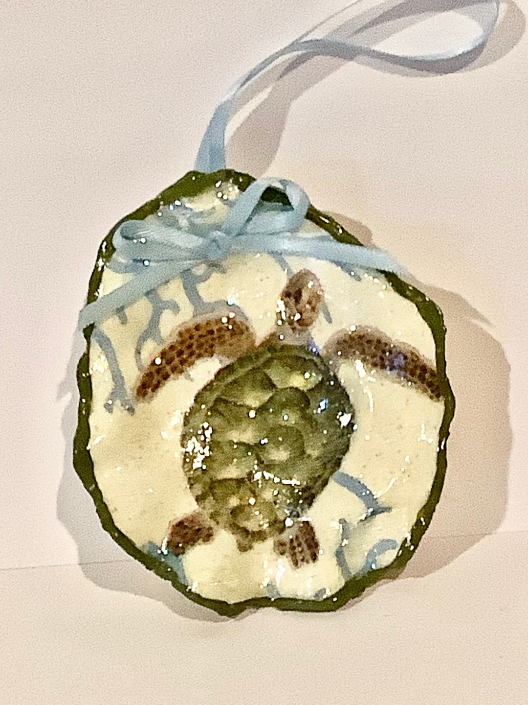Green Sea Turtle Oyster Shell Ornament - Etsy