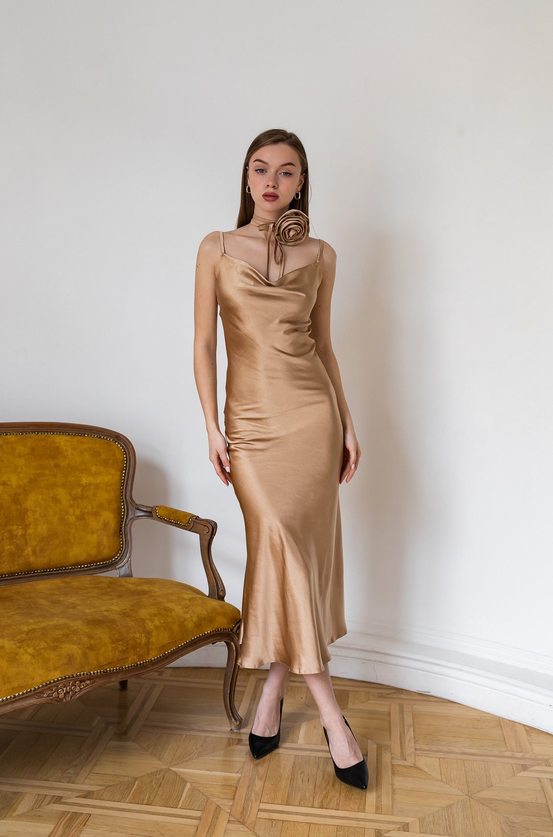 Gold Dress Gold Bridesmaid Dress Satin Dress Summer Golden Dress Women ...
