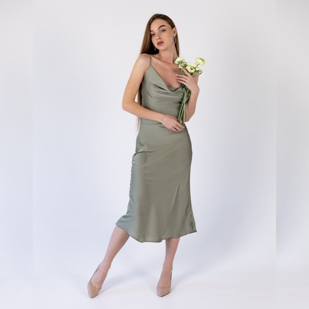 Olive Dress Pale Olive Silk Slip Dress Cowl Neck Olive Green Midi Dress Open Back Semi Formal ...