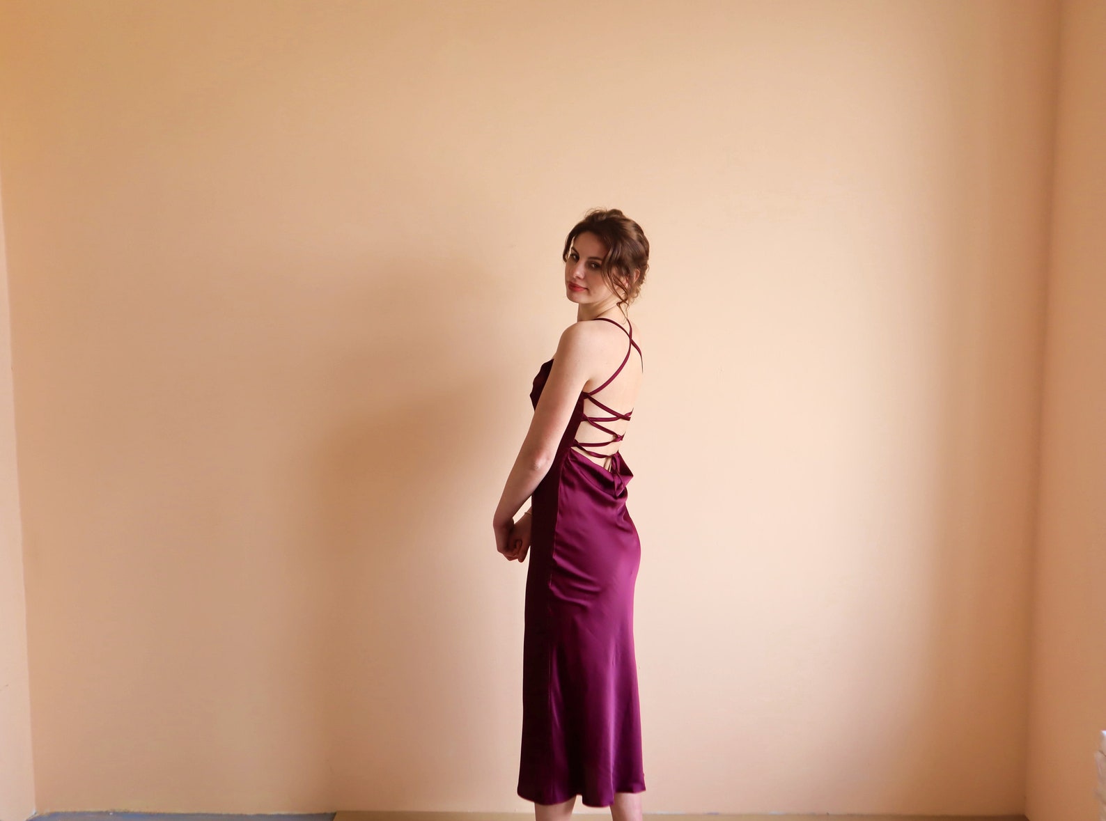 Plum silk slip dress cowl neck Silk midi dress with bare | Etsy