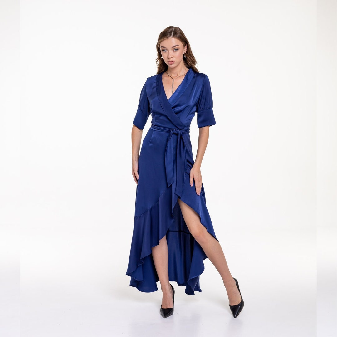 Navy Blue Silk Wrap Dress, Wrap Satin Dress, Ruffle Bridesmaid Dress ...