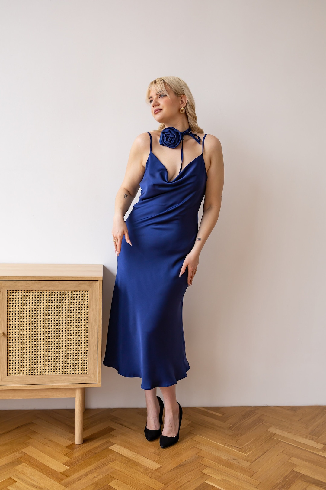 Navy Blue Silk Dress Dark Blue Satin Dress Autumn Bridesmaid Slip Satin ...