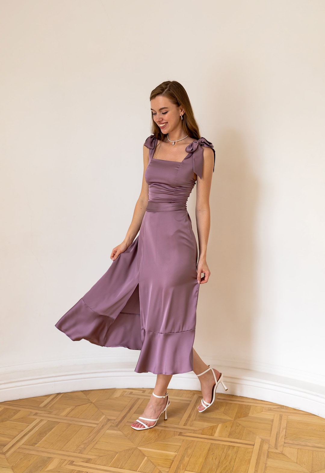 Purple Dress Purple Satin Dress Dusty Lilac Bridesmaid's Midi Dress ...