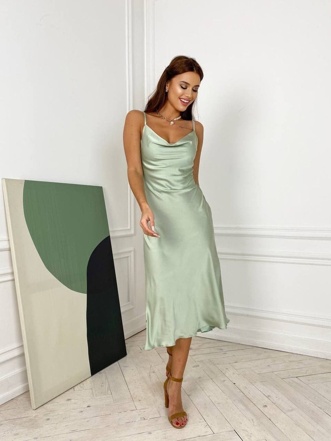 Kelly Dress Sage Green Silk Dress Sage Satin Dress Sage Green Bridesmaid Slip Silk Slip Dress ...