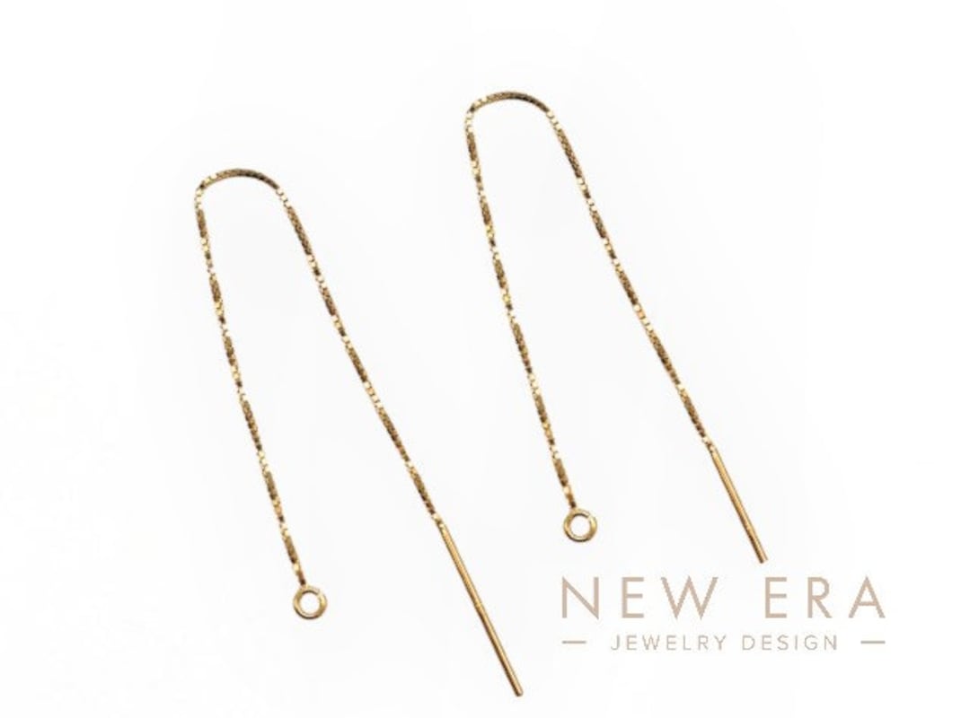 14K SOLID Yellow and White Diamond-cut Box Chain Ear Threader Drop ...