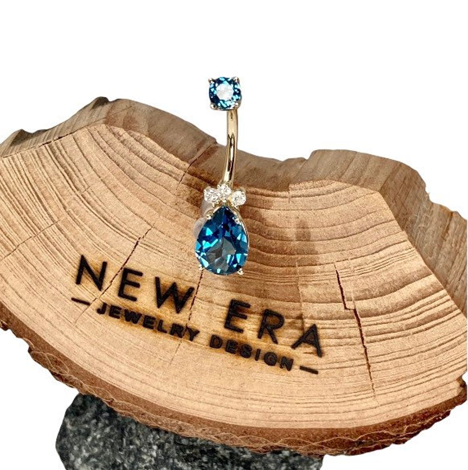 14 Karat Solid Gold London Blue Topaz & Diamond Belly Button - Etsy
