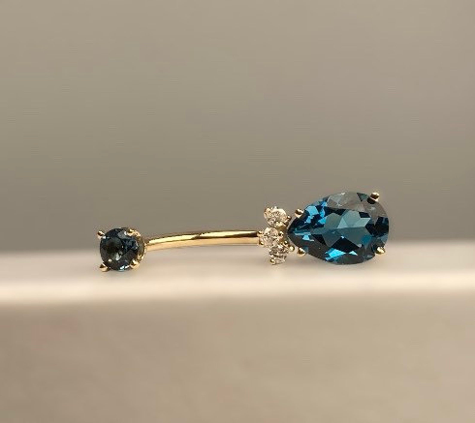14 Karat Solid Gold London Blue Topaz & Diamond Belly Button - Etsy