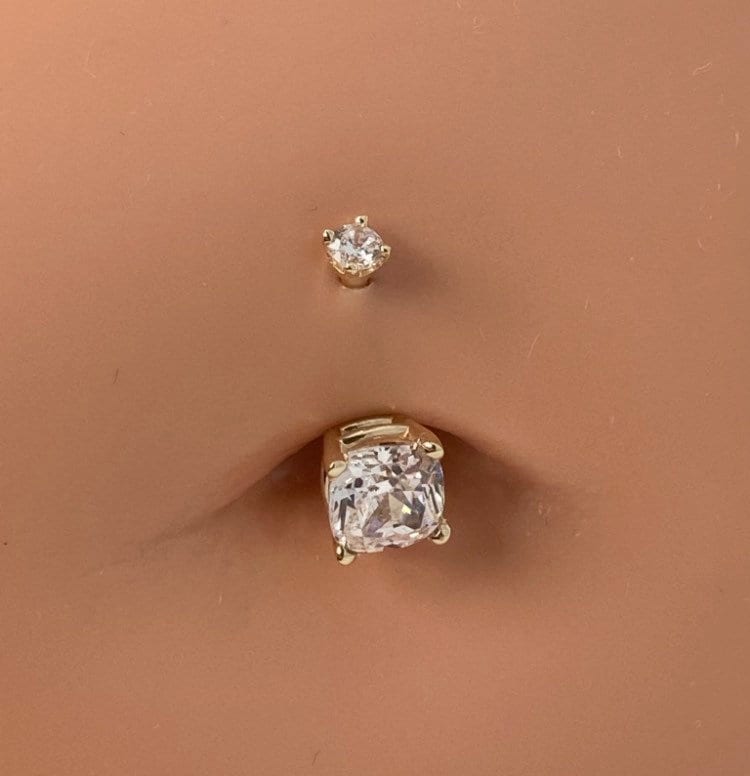 14k Solid Gold Navel Ring, Cushion Belly Button Ring. White Cushion ...