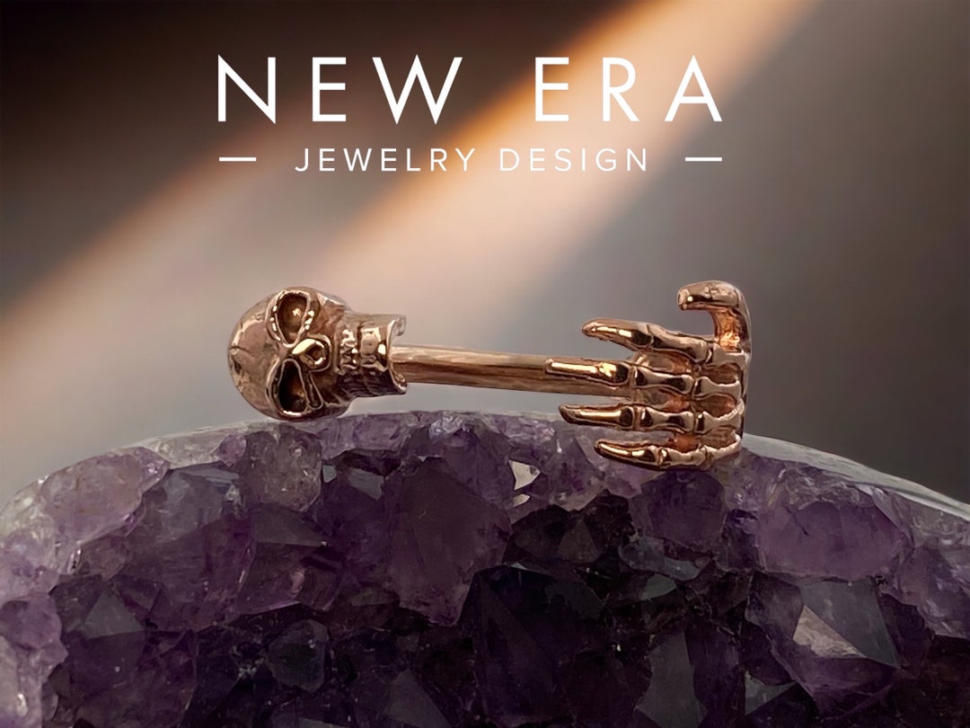 14k Solid Gold Skull and Skeleton Hand Belly Ring. Halloween Spooky ...