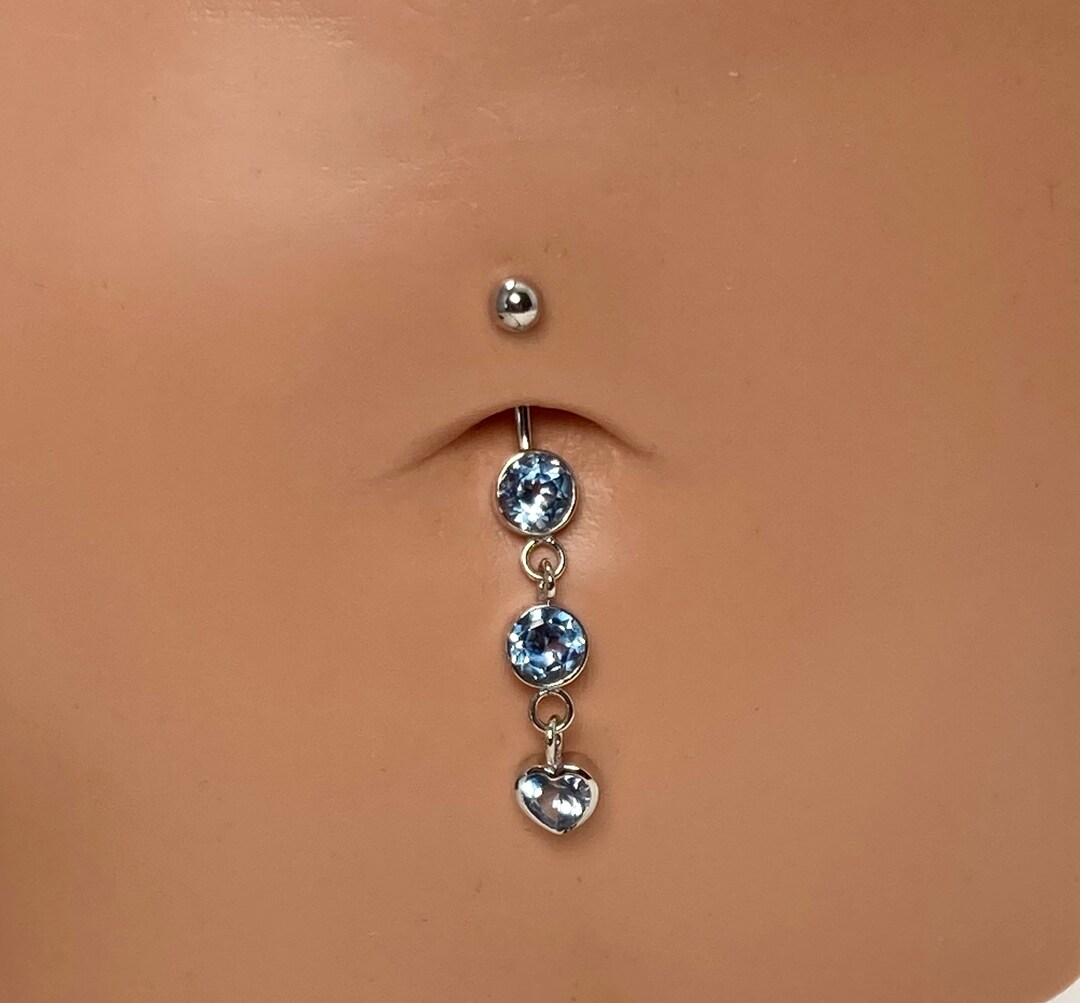 14k Solid White Gold Aquamarine Belly Button Ring. Round and Heart ...