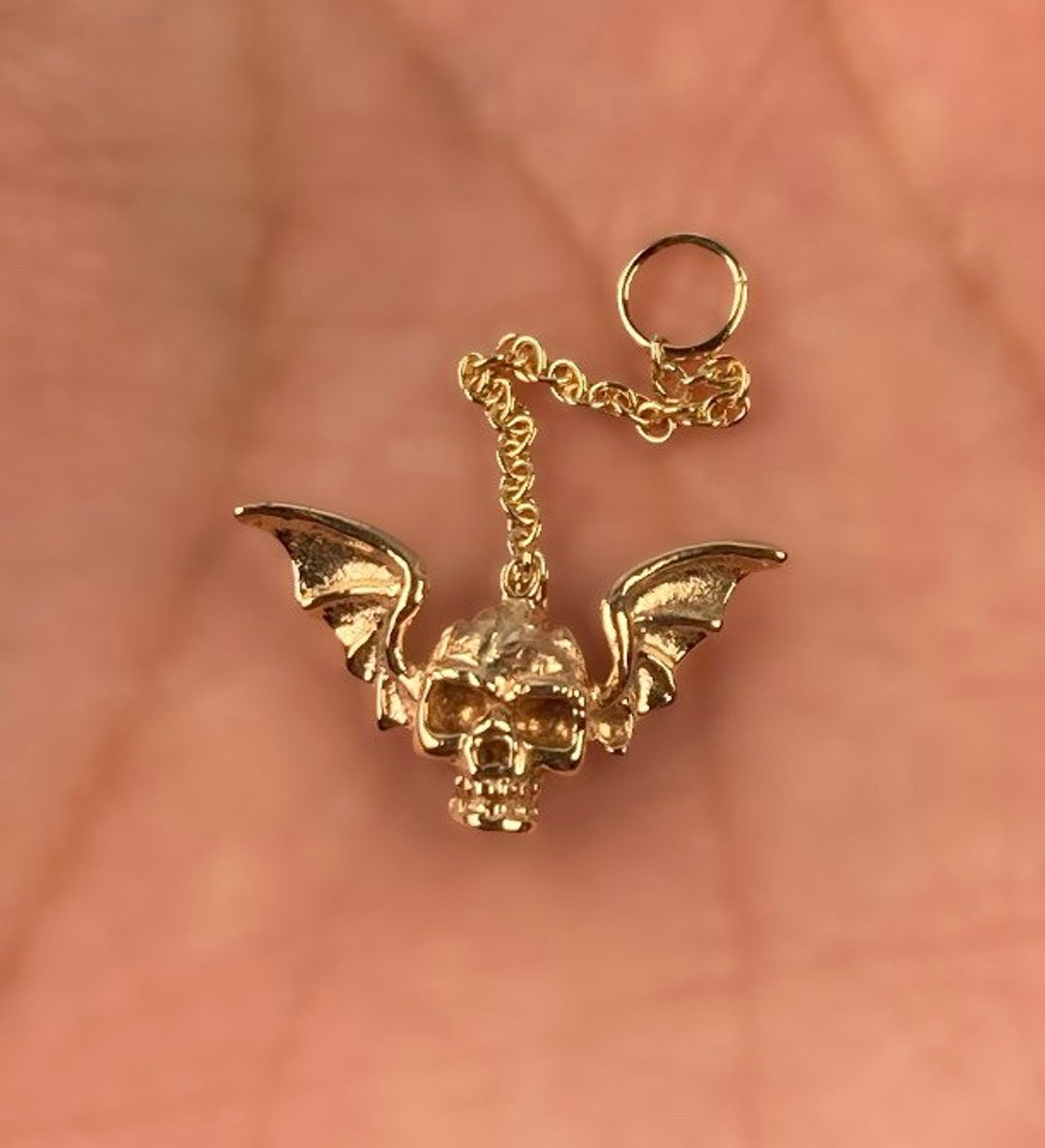14 Karat Solid Gold Winged Skull- Skull and Wing Dangle- Skull Earring ...