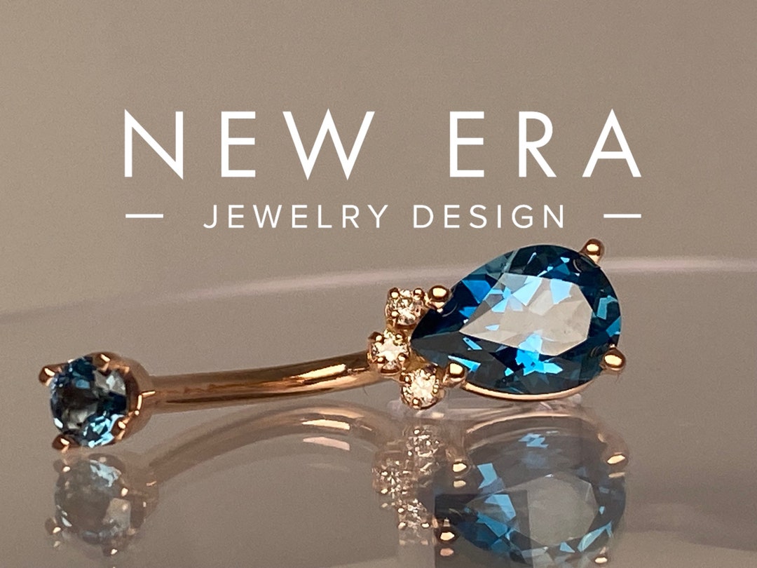 14 Karat Solid Gold London Blue Topaz & Diamond Belly Button Ring ...