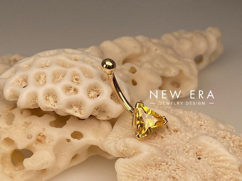 14 Karat Solid Gold Citrine Belly Ring. Triangle Navel Ring. Yellow ...