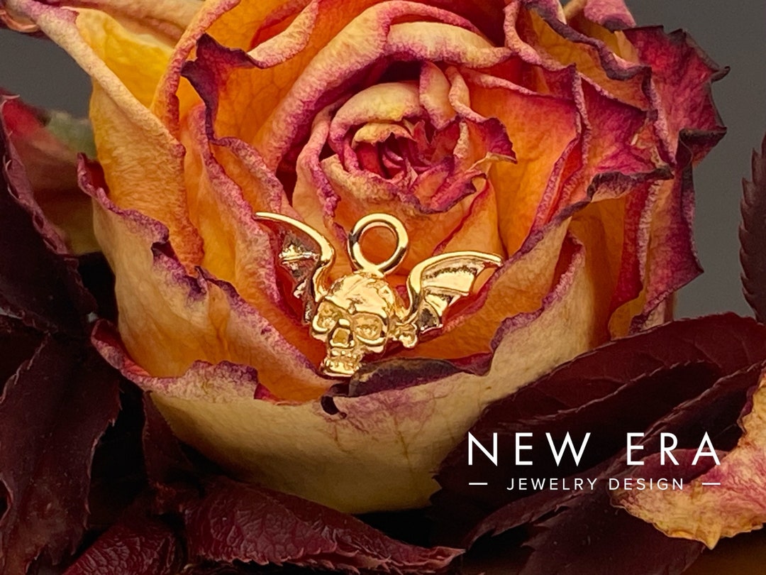 14 Karat Solid Gold Winged Skull- Skull and Wing Charm- Skull Earring ...