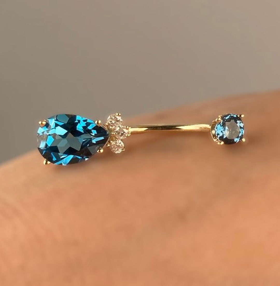 14 Karat Solid Gold London Blue Topaz & Diamond Belly Button Ring ...