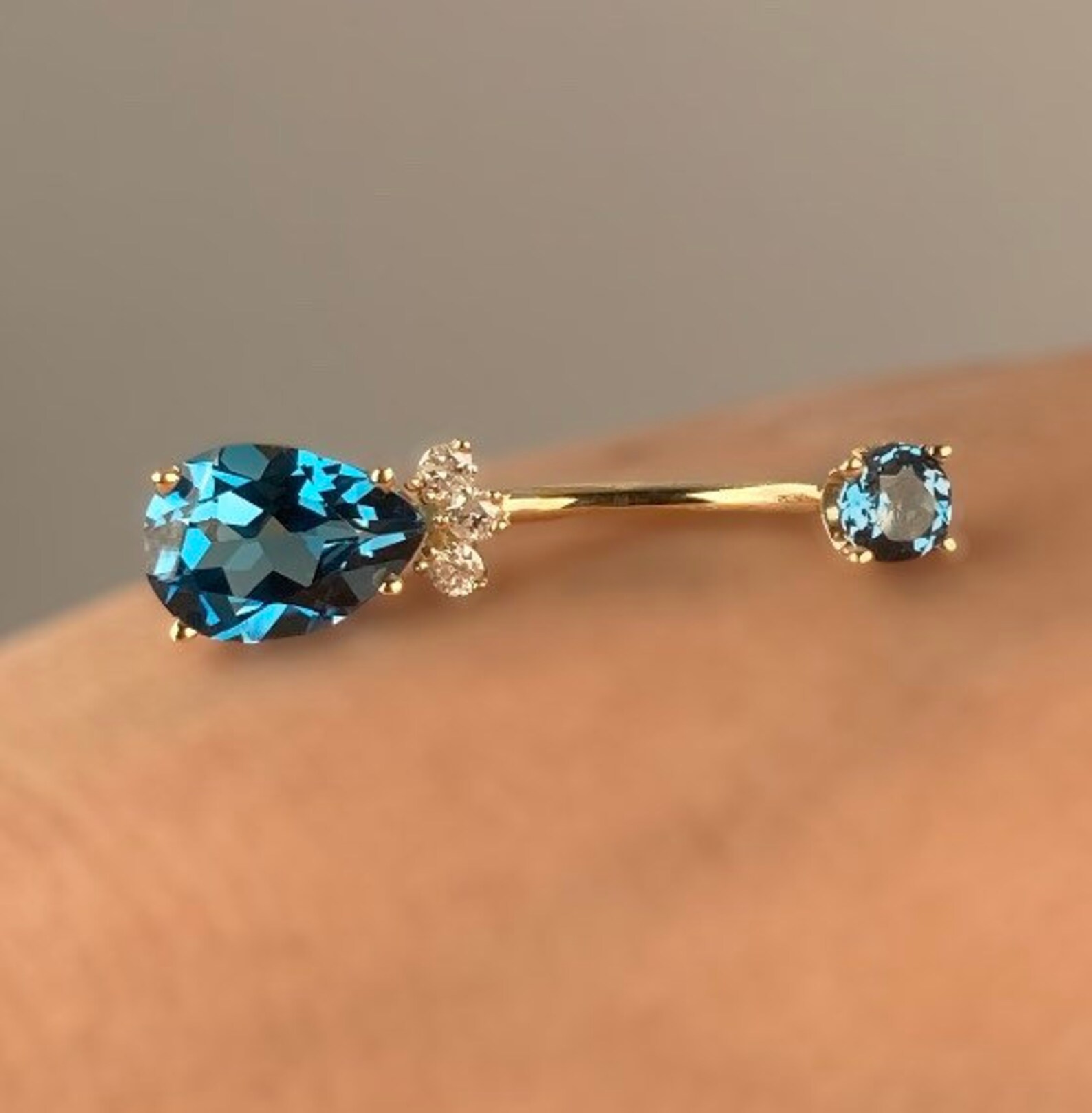14 Karat Solid Gold London Blue Topaz & Diamond Belly Button - Etsy