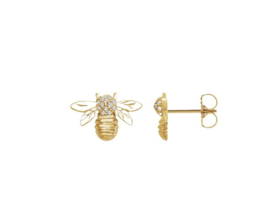 14k Gold Diamond Bumblebee Earrings! Diamond Bee Studs. - Etsy