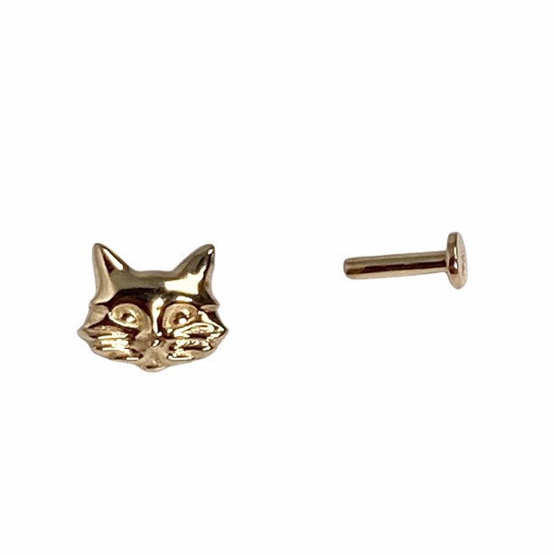 14 Karat Solid Gold Cat Dermal, Cat Pushpin Labret, Internally Threaded ...