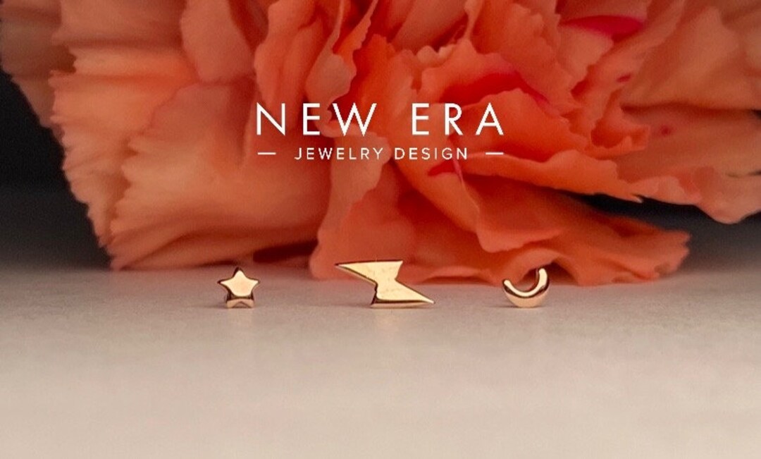 14k Gold Lightning Bolt, Star & Moon Gift Set Labret Gold Ends Push Pin ...