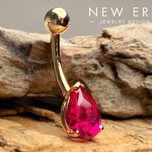 14 Karat Gold Ruby Belly Button Ring. Pear-shaped Navel Ring. Ruby Body ...