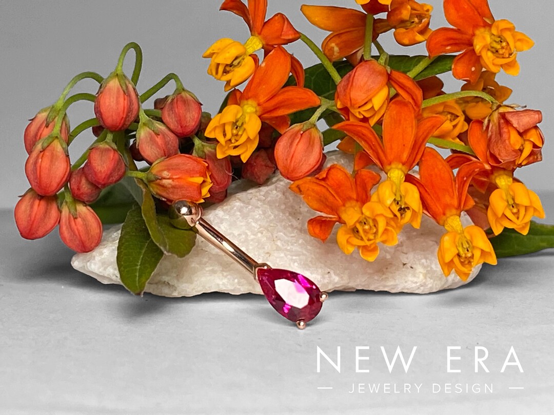 14 Karat Gold Ruby Belly Button Ring. Pear-shaped Navel Ring. Ruby Body ...