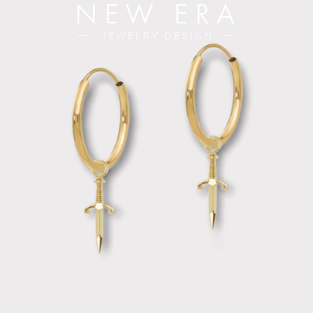 14k Solid Gold Dagger Huggies Hoop Earrings. Dagger Knife Earrings. Sword Charm Dangle. 14KW ...