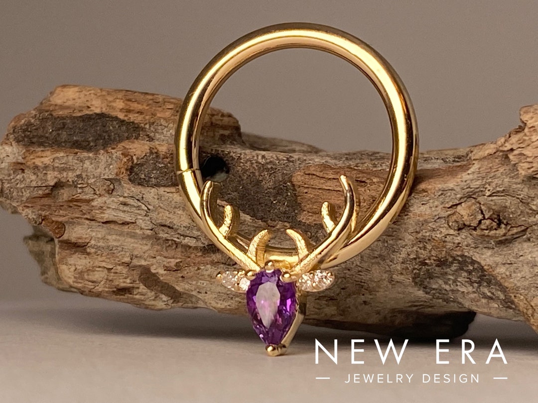 14k Solid Gold Amethyst and Diamond Deer Head Unisex Body Jewelry Deer ...