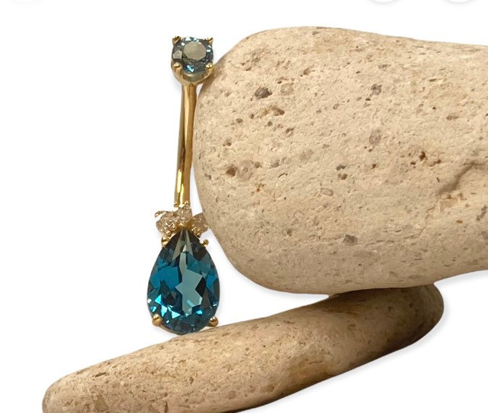 14 Karat Solid Gold London Blue Topaz & Diamond Belly Button - Etsy