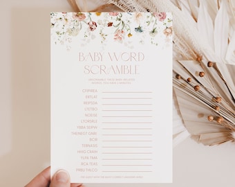 Pink Pastel Floral Baby Shower Word Scramble Game Template Word ...