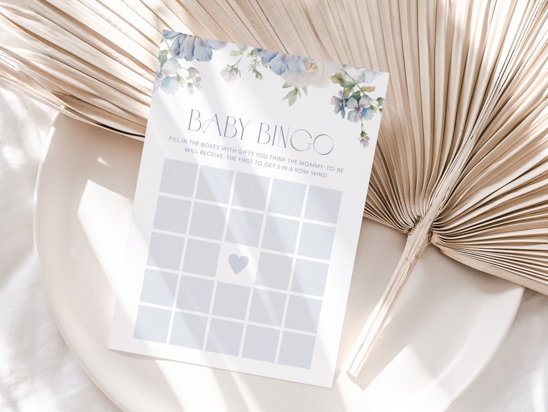 Dusty Blue Floral Baby Bingo Baby Shower Game Blue Baby Bingo Game Baby ...