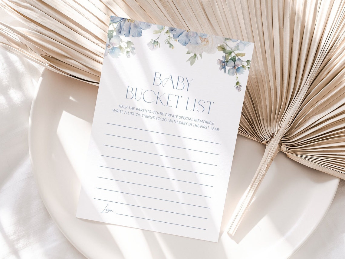 Dusty Blue Floral Baby Bucket List Baby Shower Game Baby Bucket List ...