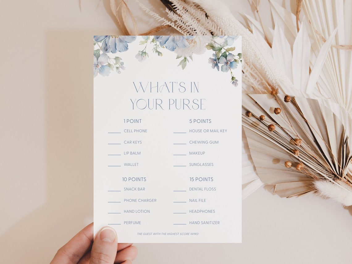 Dusty Blue Floral What's in Your Purse Bridal Shower Game Template What ...