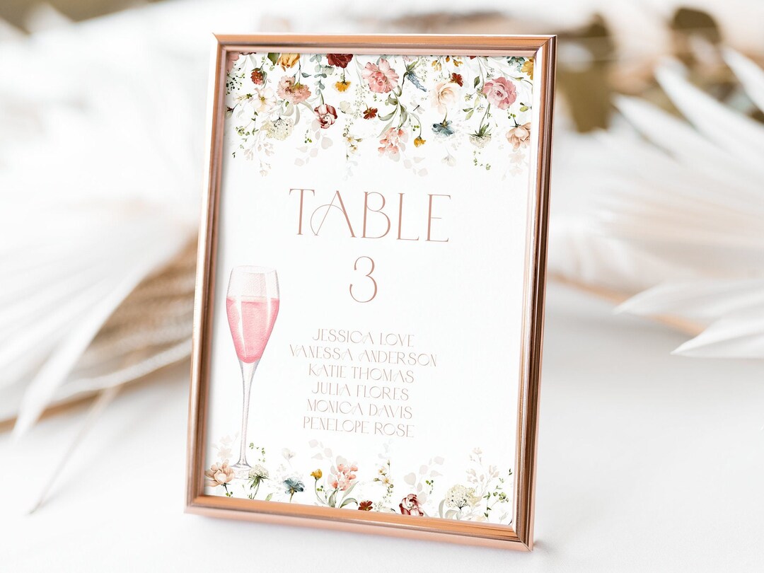 Floral Petals and Prosecco Table Number Sign Template Pink Prosecco ...
