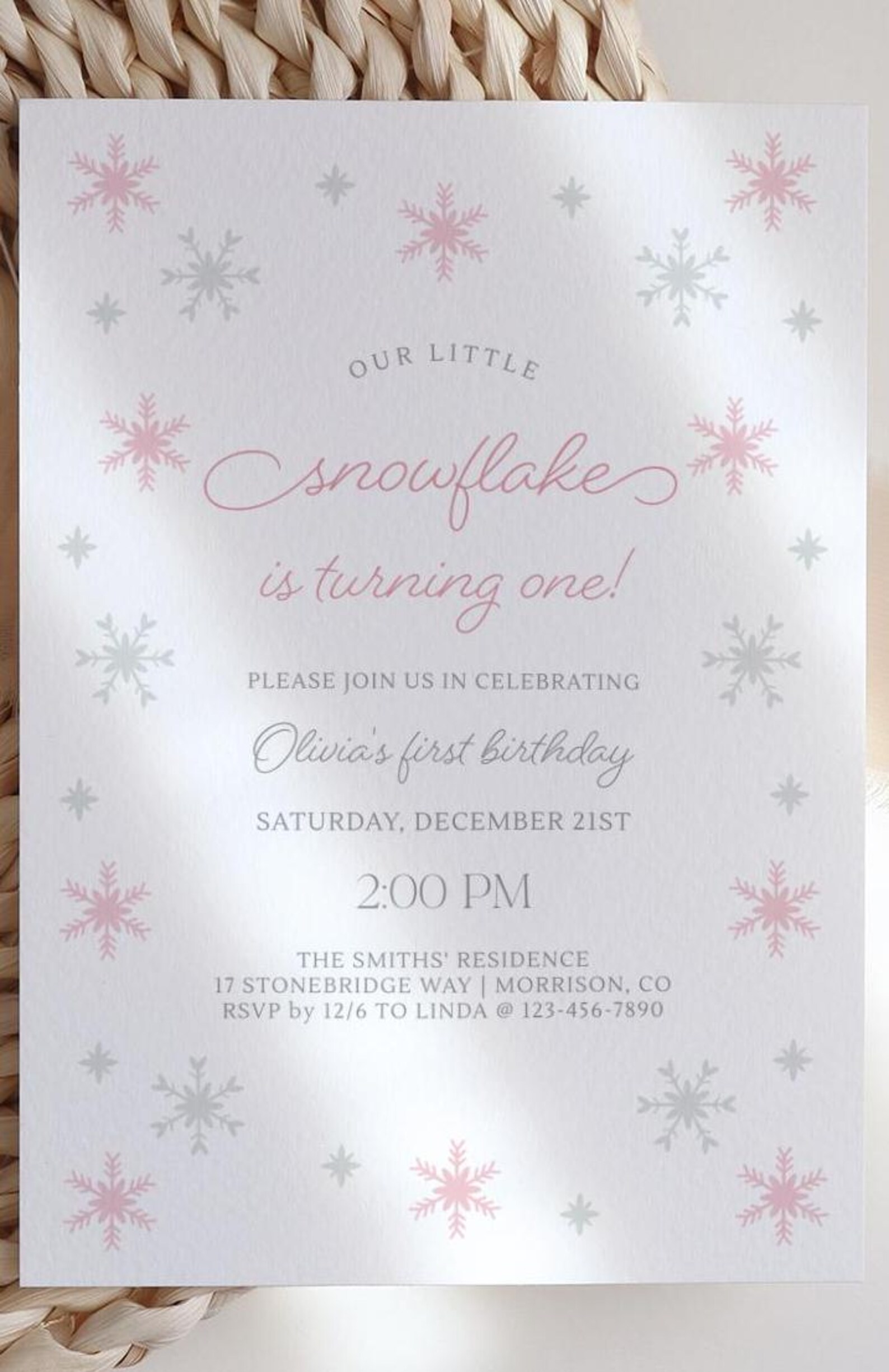 Pink Snowflake Birthday Invitation Snowflake First Birthday Invitation ...
